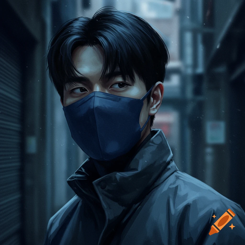 Illustration of a man wearing a dark blue face mask in a dark, rainy ...