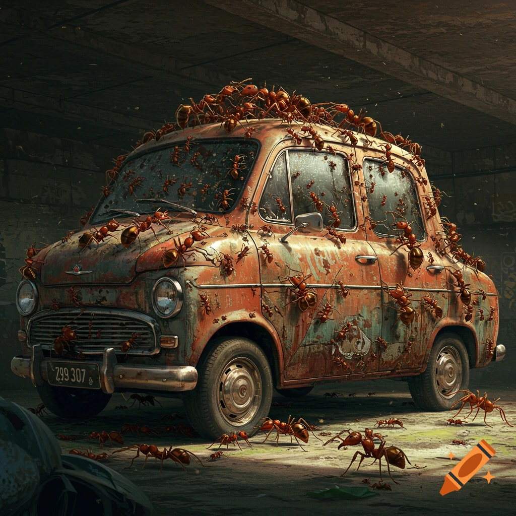 An old, rusty car is completely covered in a large swarm of ants in a dark, gritty setting. on ...