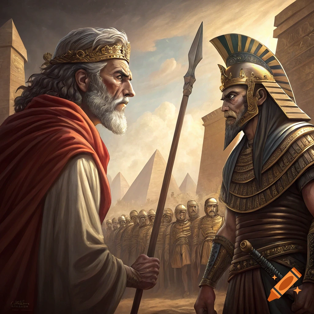 Digital painting of Moses and Pharaoh facing each other with soldiers ...