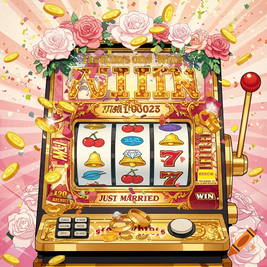 An illustrated slot machine decorated with roses, confetti, and wedding ...