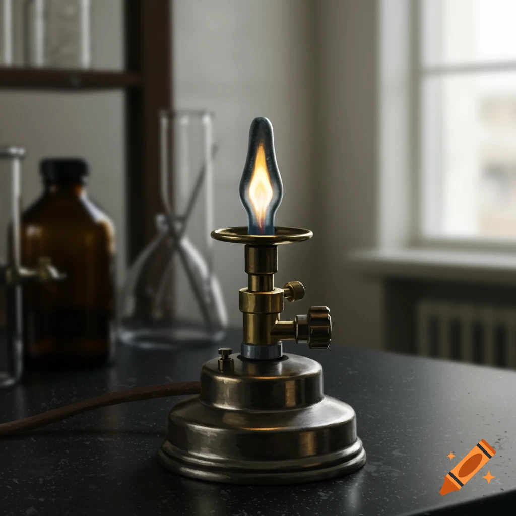 A close-up photorealistic image of a lit Bunsen burner on a table in a ...