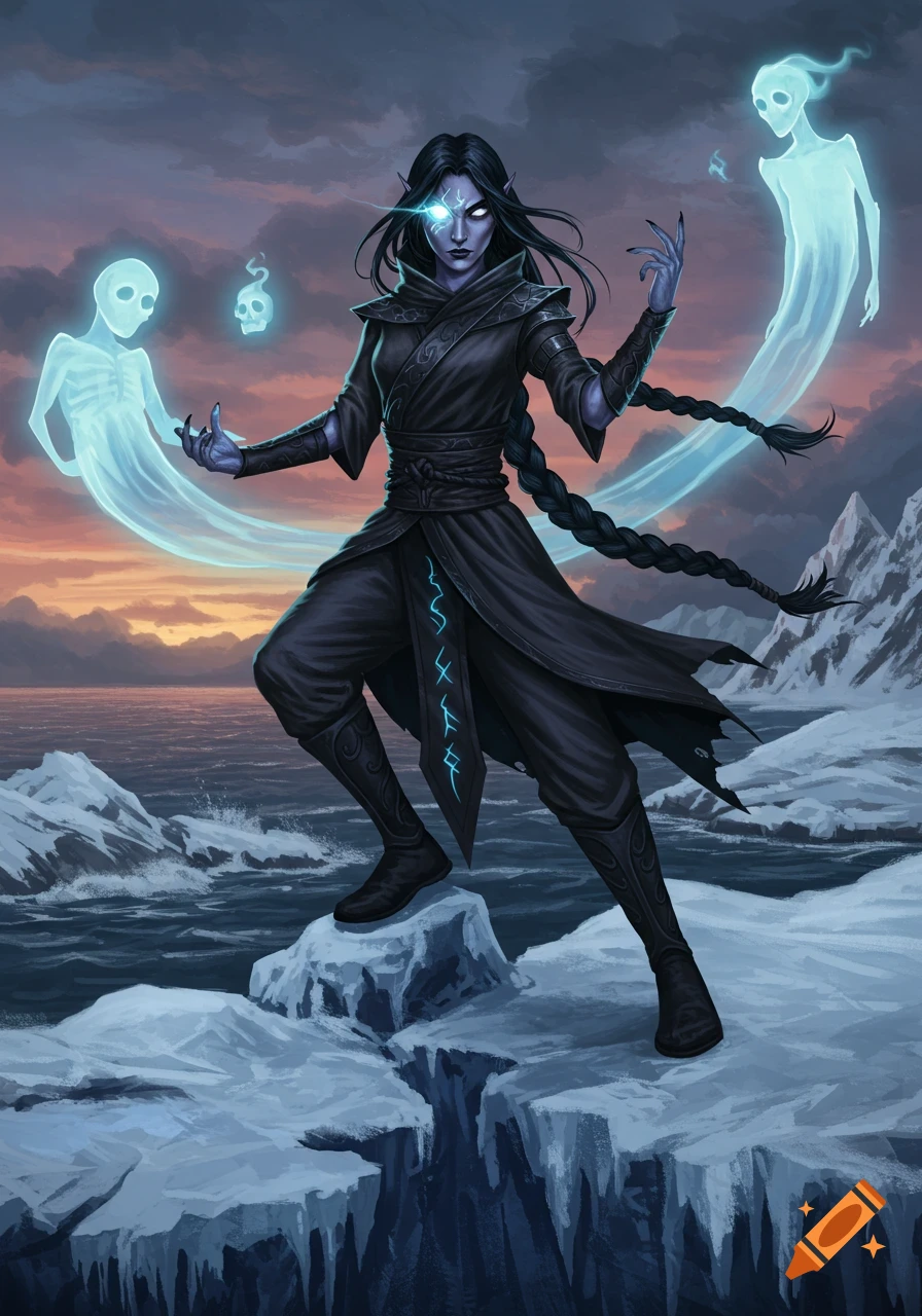 Fantasy illustration of a dark-robed figure on an icy cliff, surrounded ...