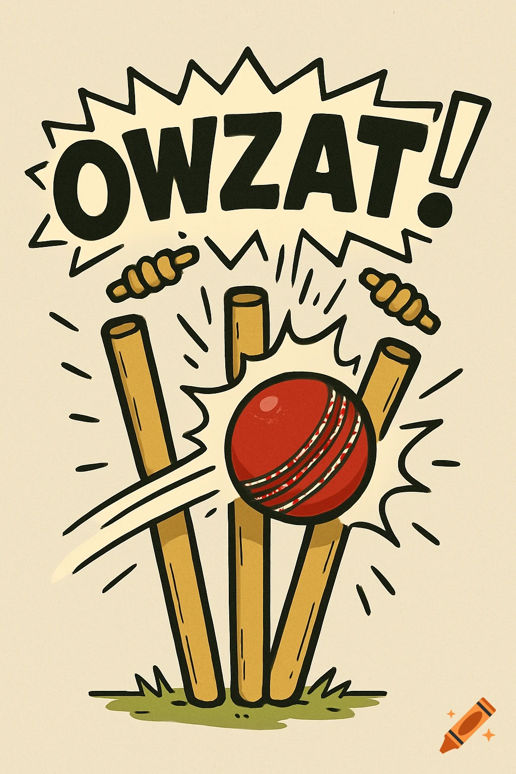 Cartoon illustration of cricket stumps hit by a ball with "OWZAT!" text ...