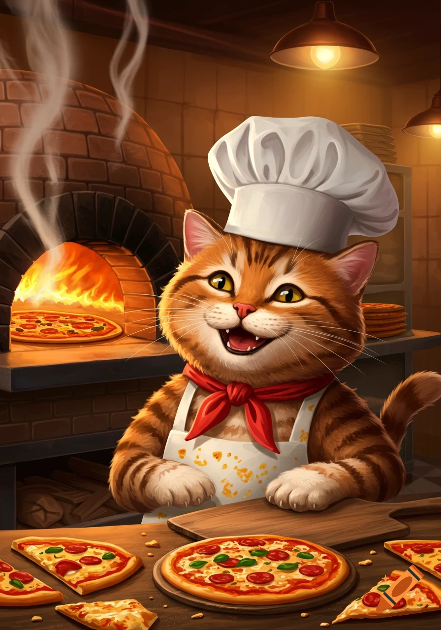 A cartoon cat chef stands in front of a pizza oven with fresh pizzas ...