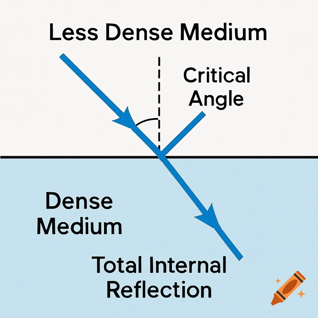 Diagram showing total internal reflection, critical angle, and light ...