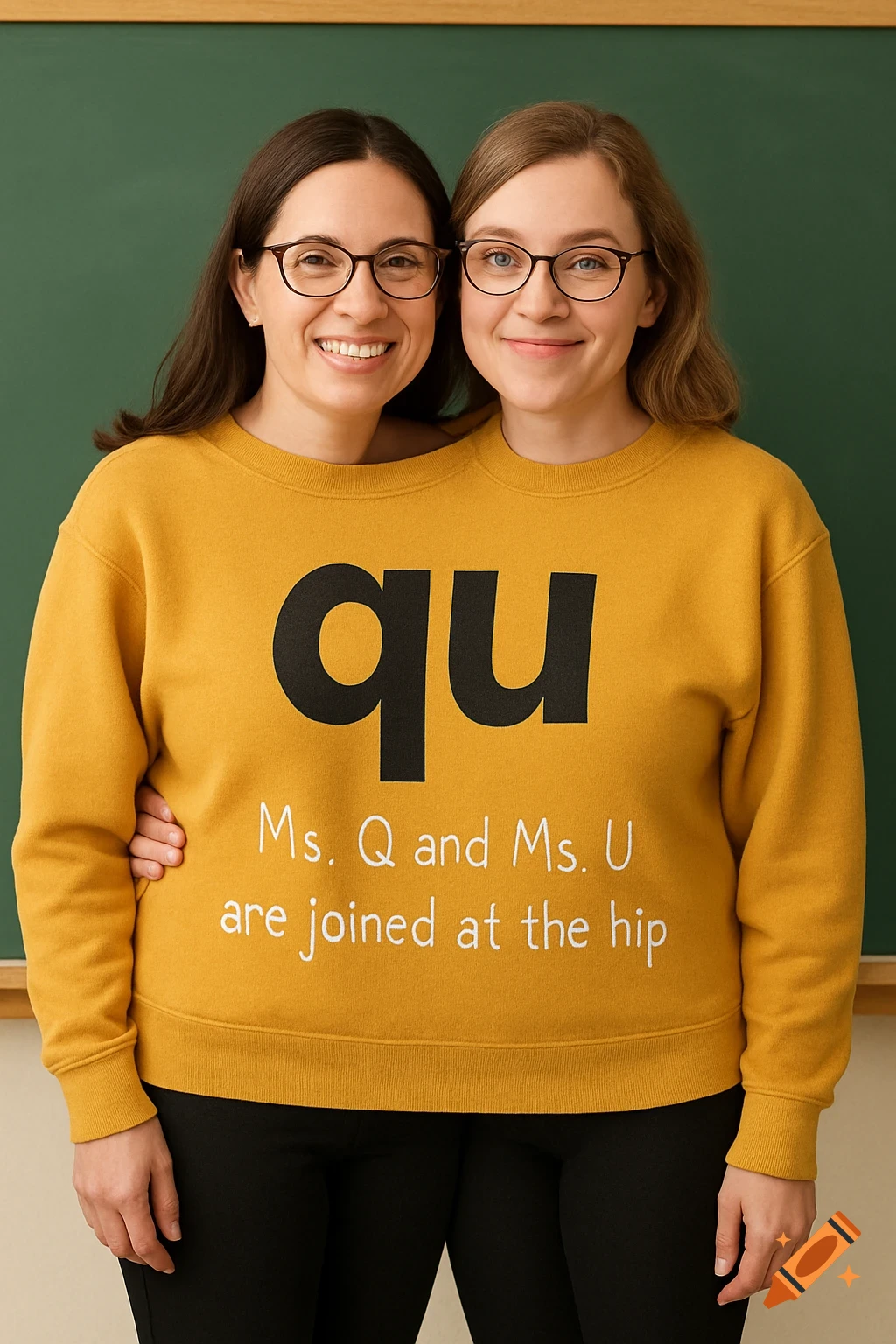 Two smiling women in a large yellow sweatshirt that says "qu Ms. Q and ...