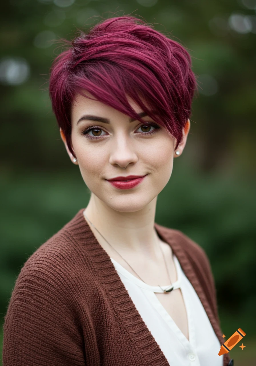 Portrait of young woman with maroon pixie cut hair, smiling on Craiyon