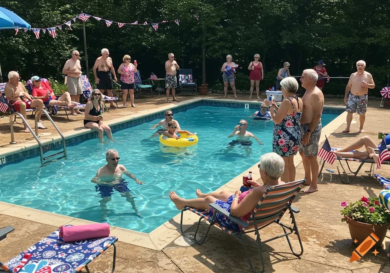 Group of older adults swimming and relaxing at a pool party with ...