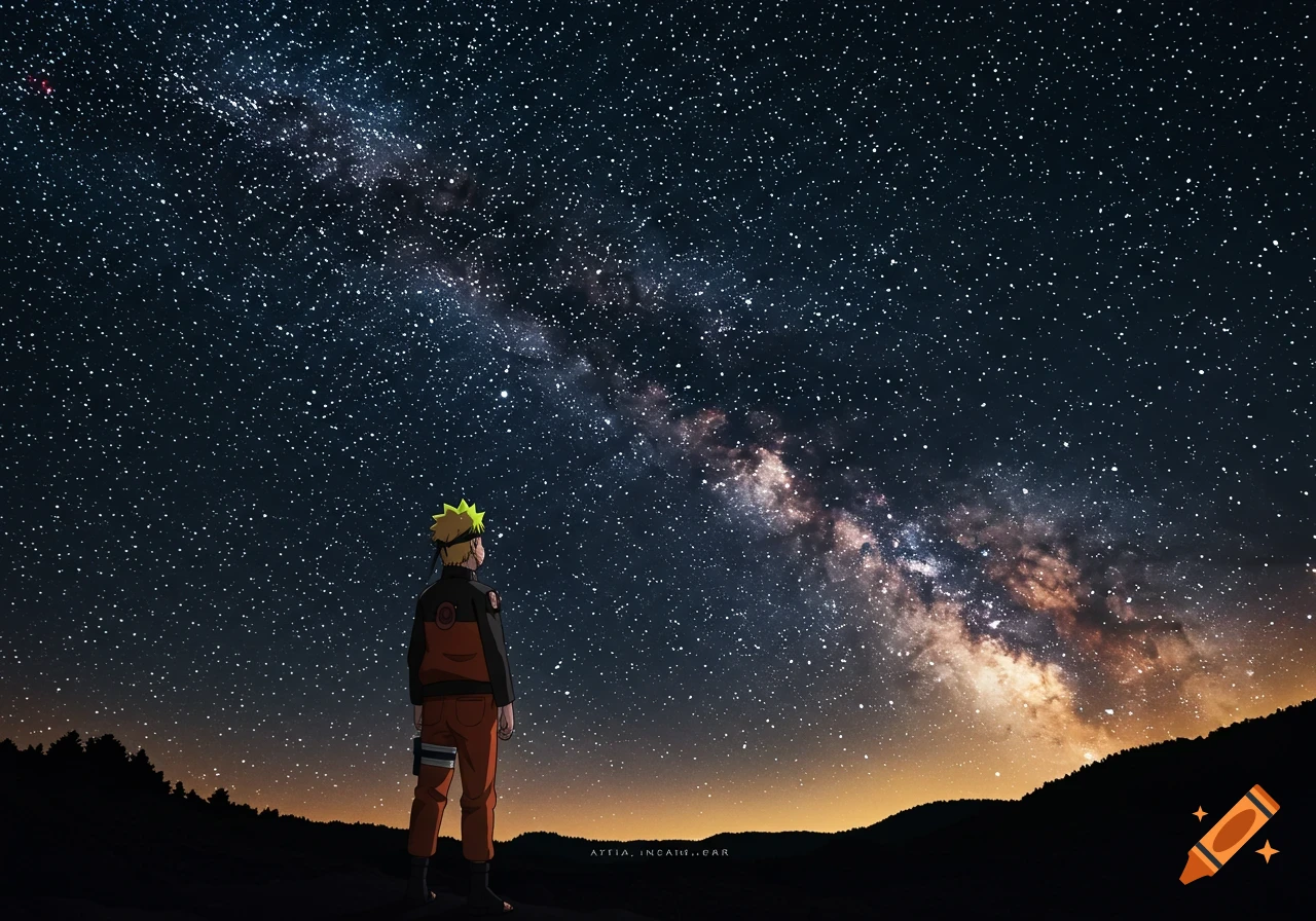 An anime character resembling Naruto stands on a hill looking up at the ...