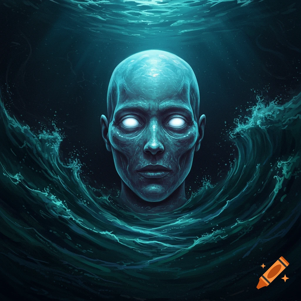 A pale head with glowing white eyes emerges from dark, turbulent ocean ...