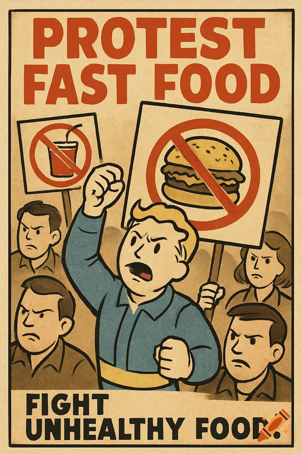 Cartoon style protest poster showing people protesting fast food with ...