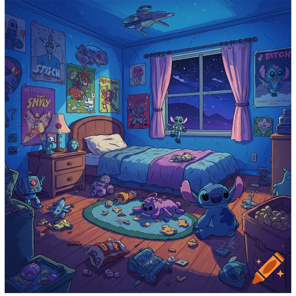 A messy cartoon bedroom at night with Stitch characters and toys ...
