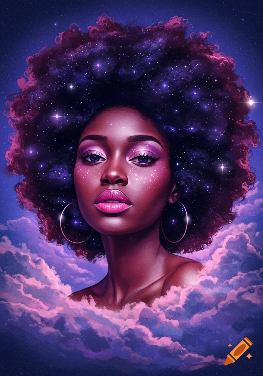 Surreal portrait of Black woman with starry afro surrounded by pink ...
