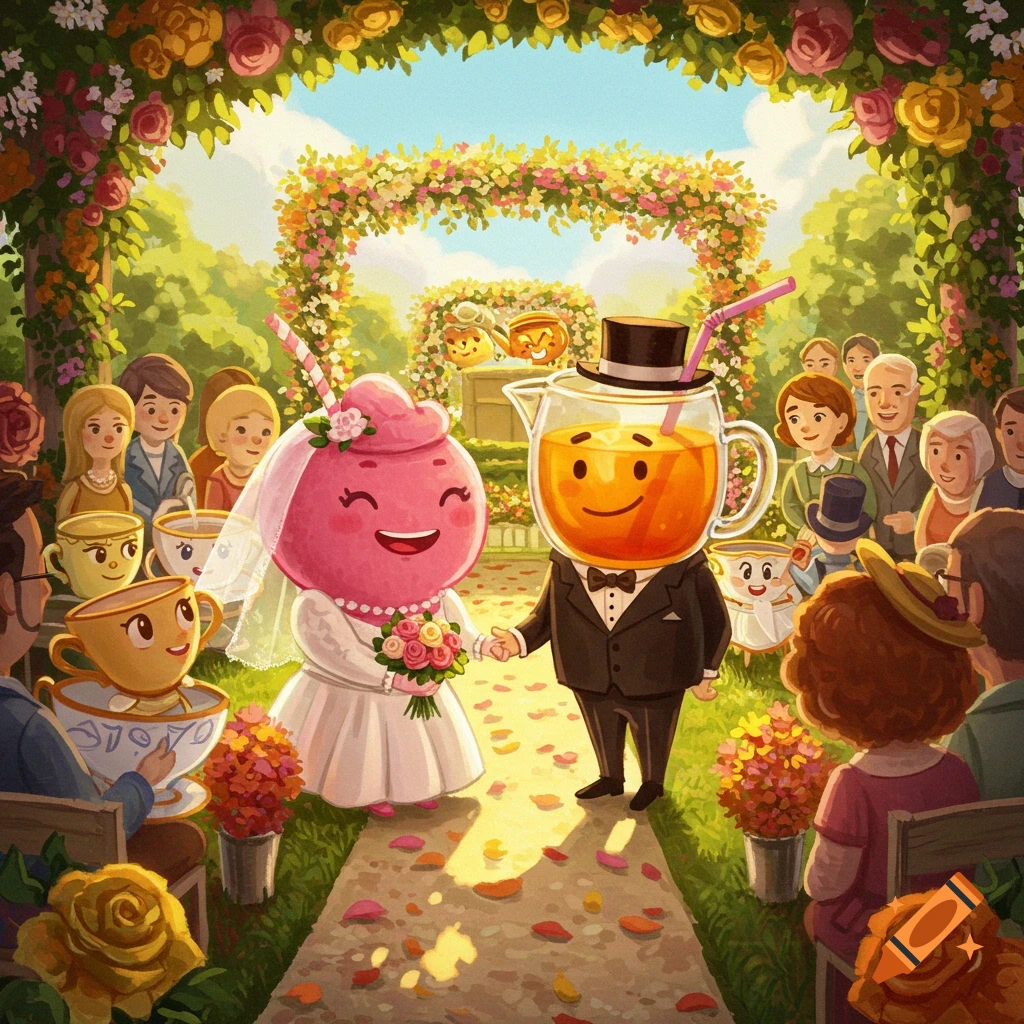 Cartoon drinks get married under a floral arch, with anthropomorphic ...