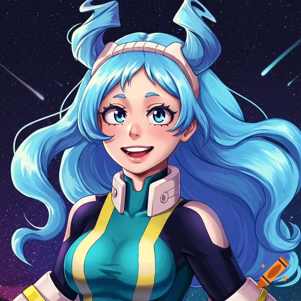 An anime girl with long blue hair smiles brightly against a starry ...
