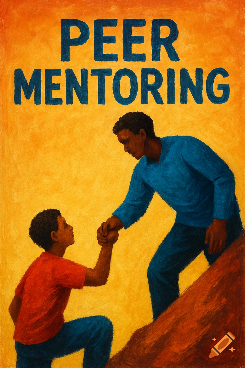 Illustration of two people shaking hands on a hill, text 'PEER MENTORING' at top. on Craiyon