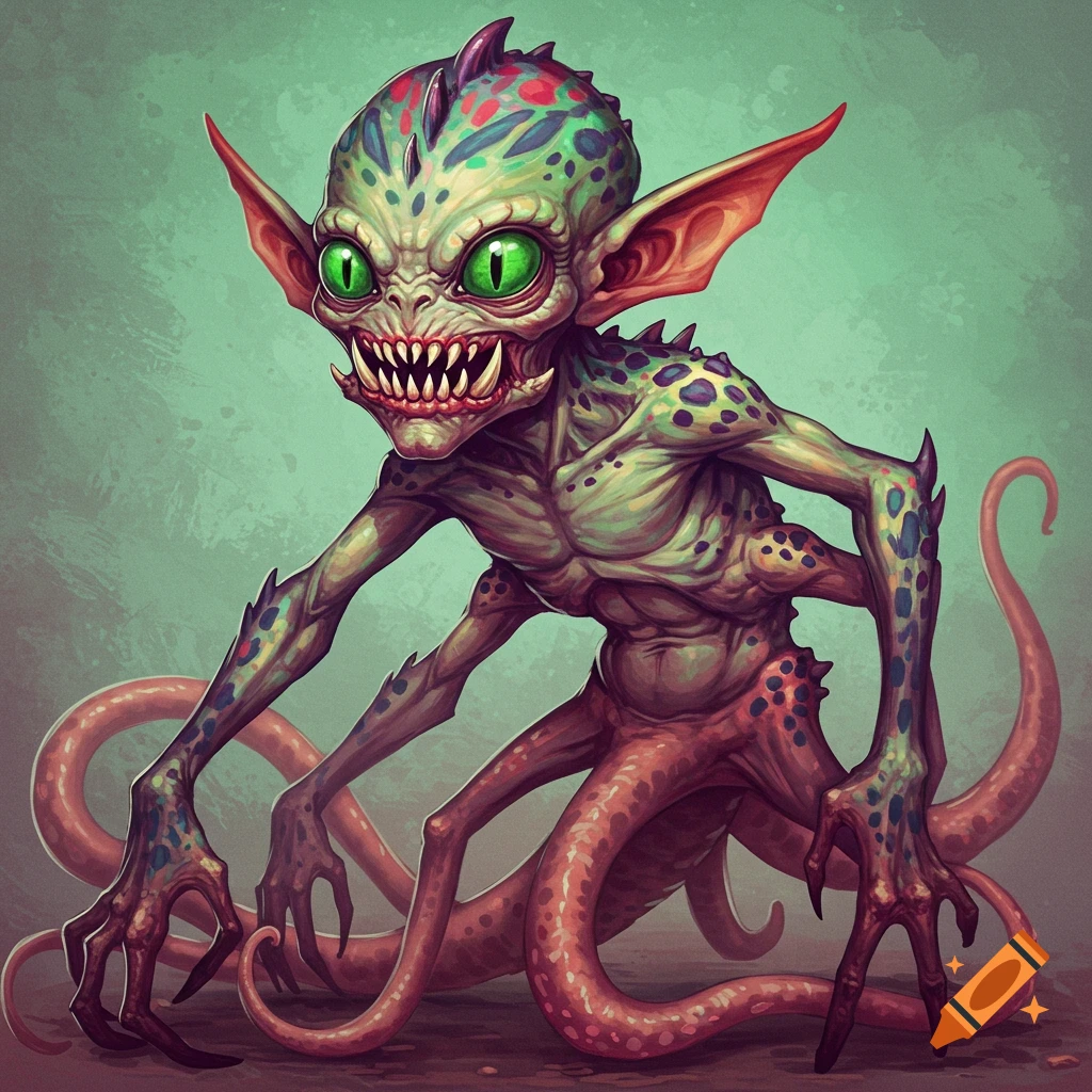 Green speckled fantasy creature with sharp teeth, large green eyes ...