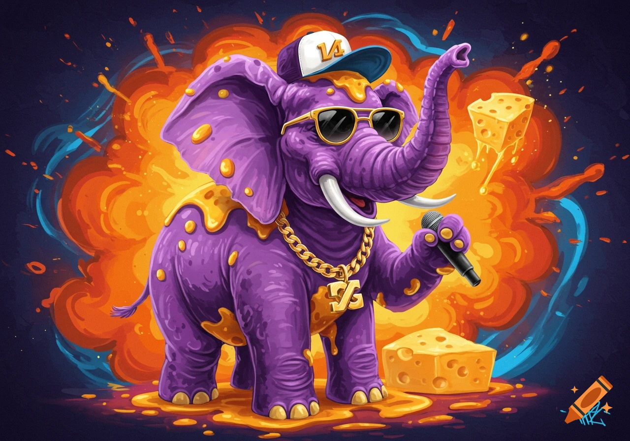 Cartoon purple elephant rapper covered in melted cheese holds ...