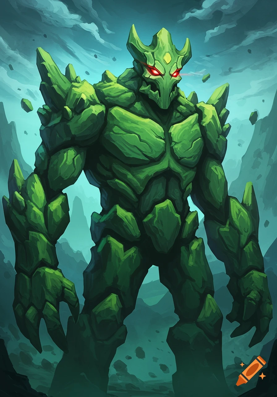 A giant green rock creature with glowing red eyes stands in a misty ...