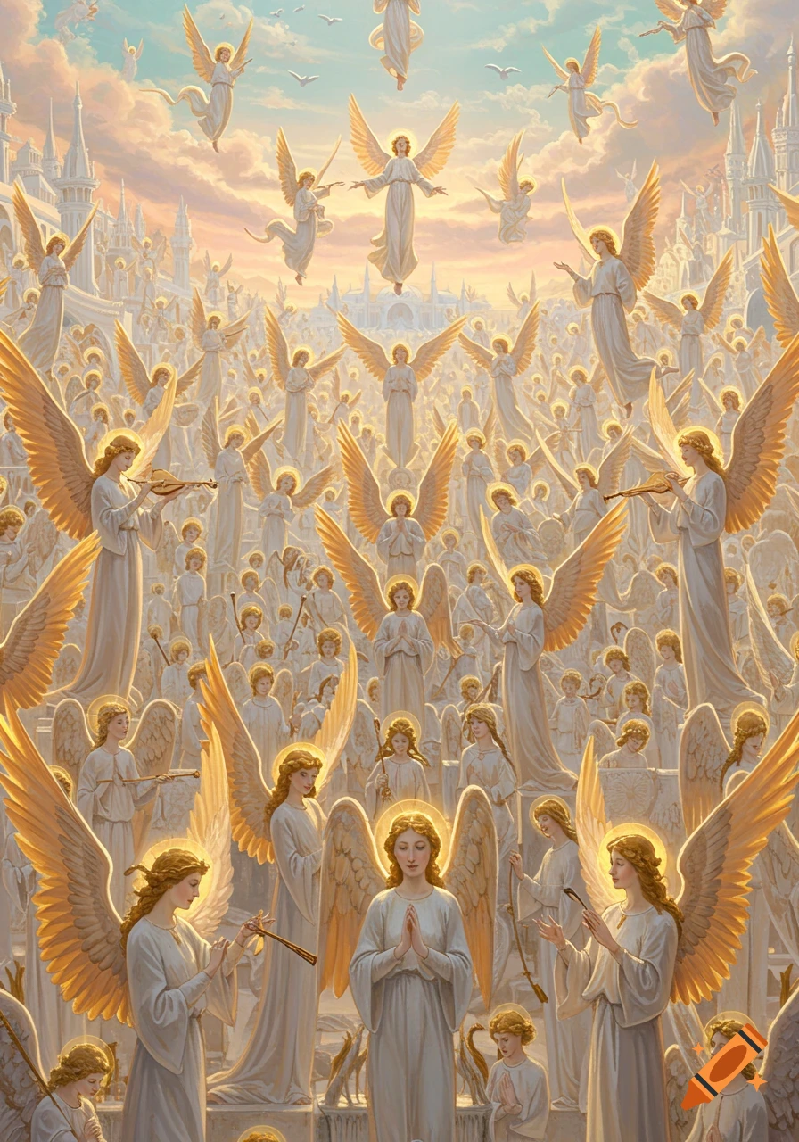 A multitude of angels with golden wings and halos playing instruments in a heavenly city. on Craiyon