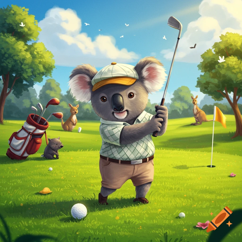 Cartoon koala swinging a golf club on a course with kangaroos and a ...