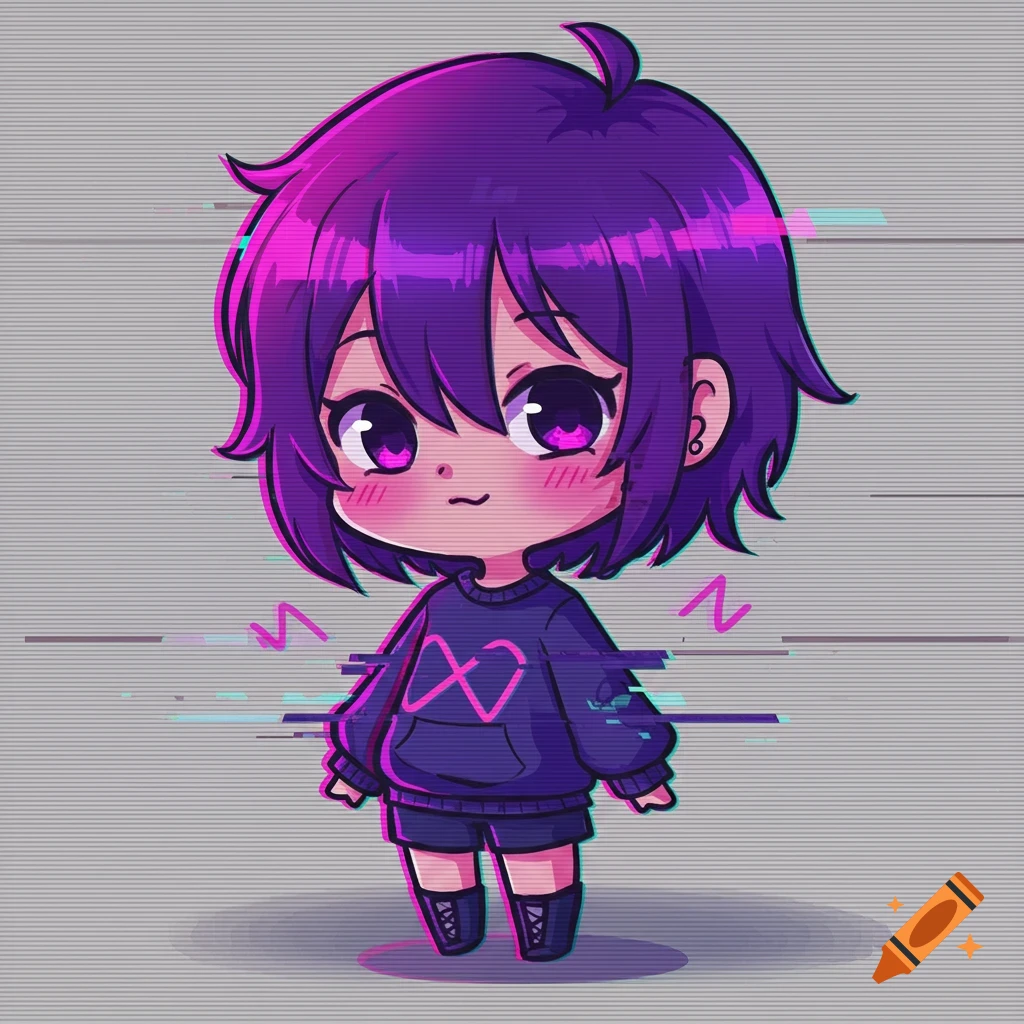 Chibi anime character with purple hair and sweater, with neon glow and ...