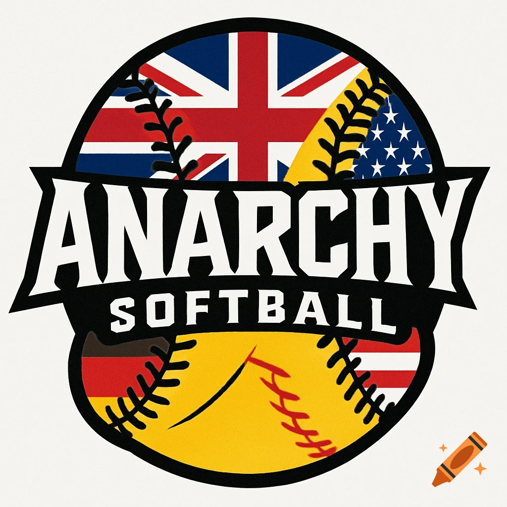 Logo for Anarchy Softball featuring UK, USA, and German flags and a ...