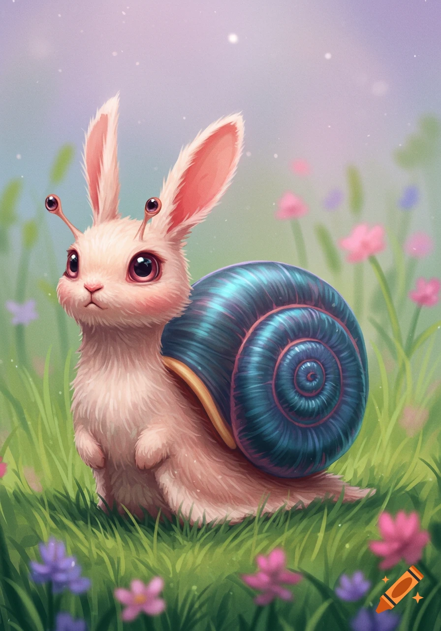 A cute rabbit-like creature with a blue snail shell and antennae stands ...