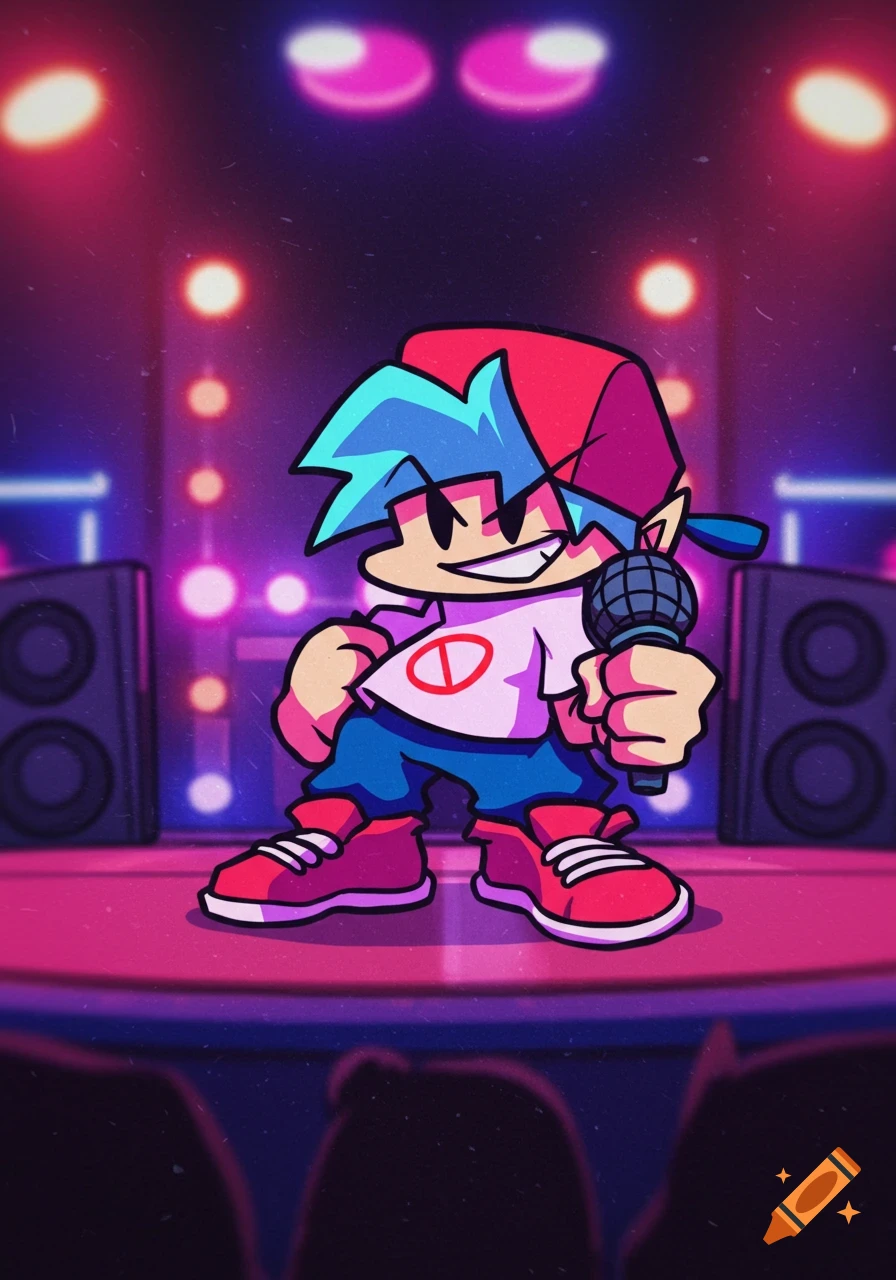 Cartoon character Boyfriend from Friday Night Funkin on a stage with a ...