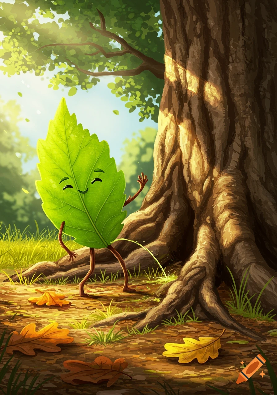 Cartoon leaf character peeing near a tree root in a sunny forest. on ...