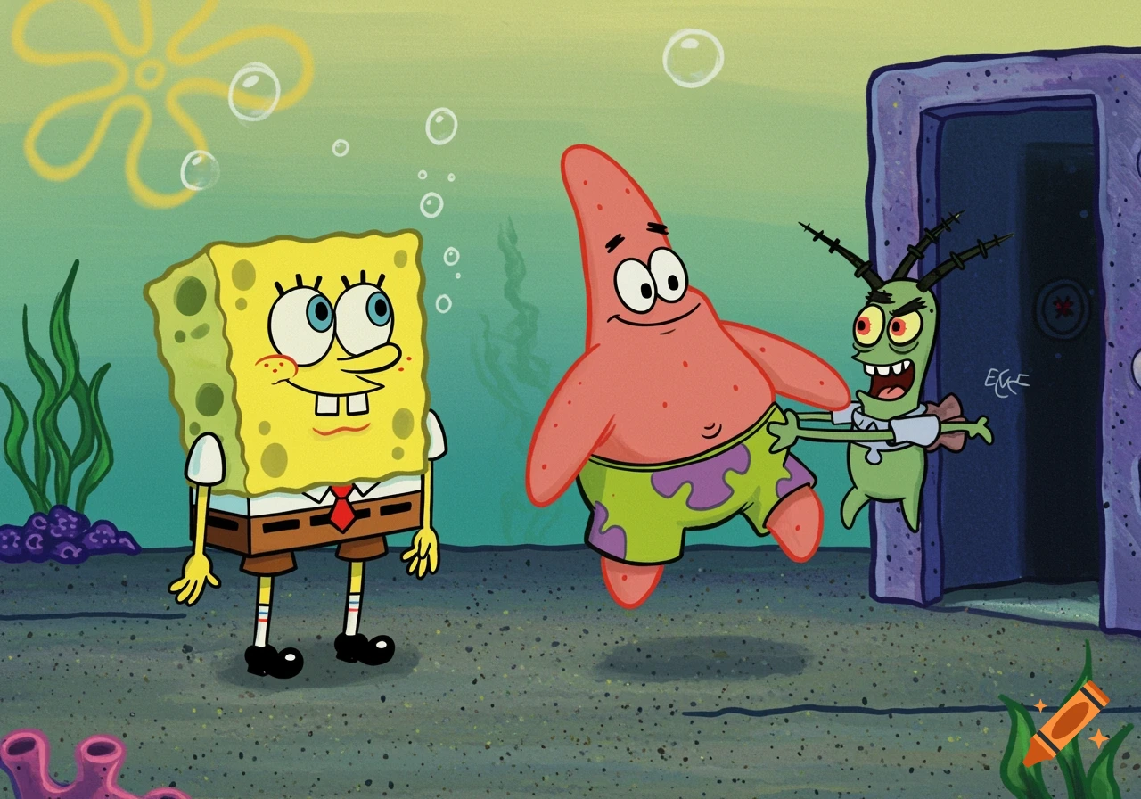 Spongebob and Patrick look on as Plankton grabs Patrick near a doorway ...
