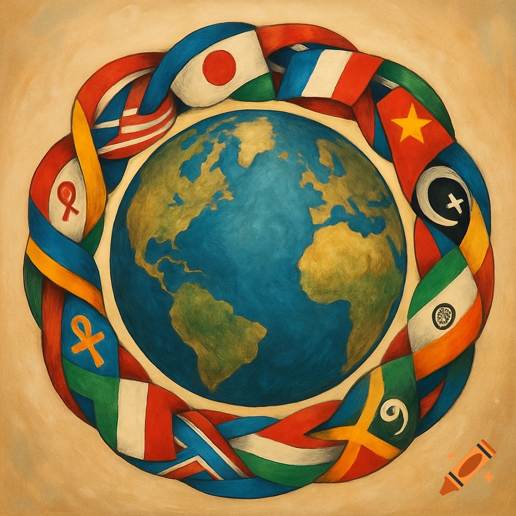 Globe surrounded by intertwined national flags and cultural symbols ...