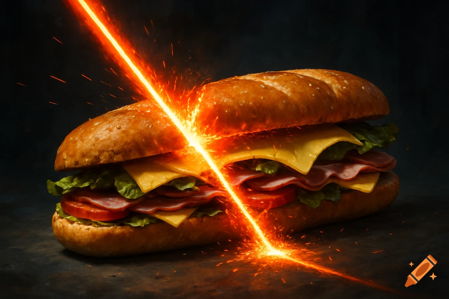 A sub sandwich is cut in half by a bright orange laser beam, sending ...