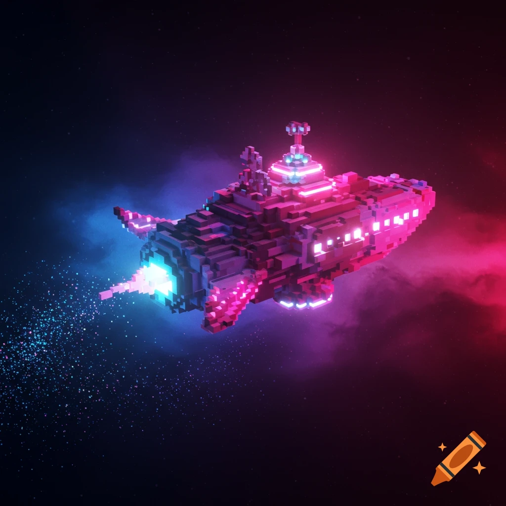 Voxel spaceship flying through space with glowing pink and blue light. on Craiyon