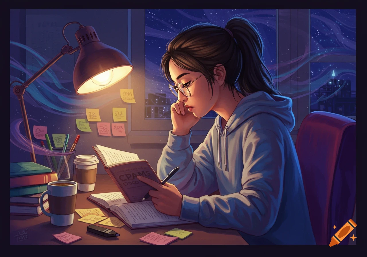 Illustration of a student studying at a desk at night under a lamp. on ...