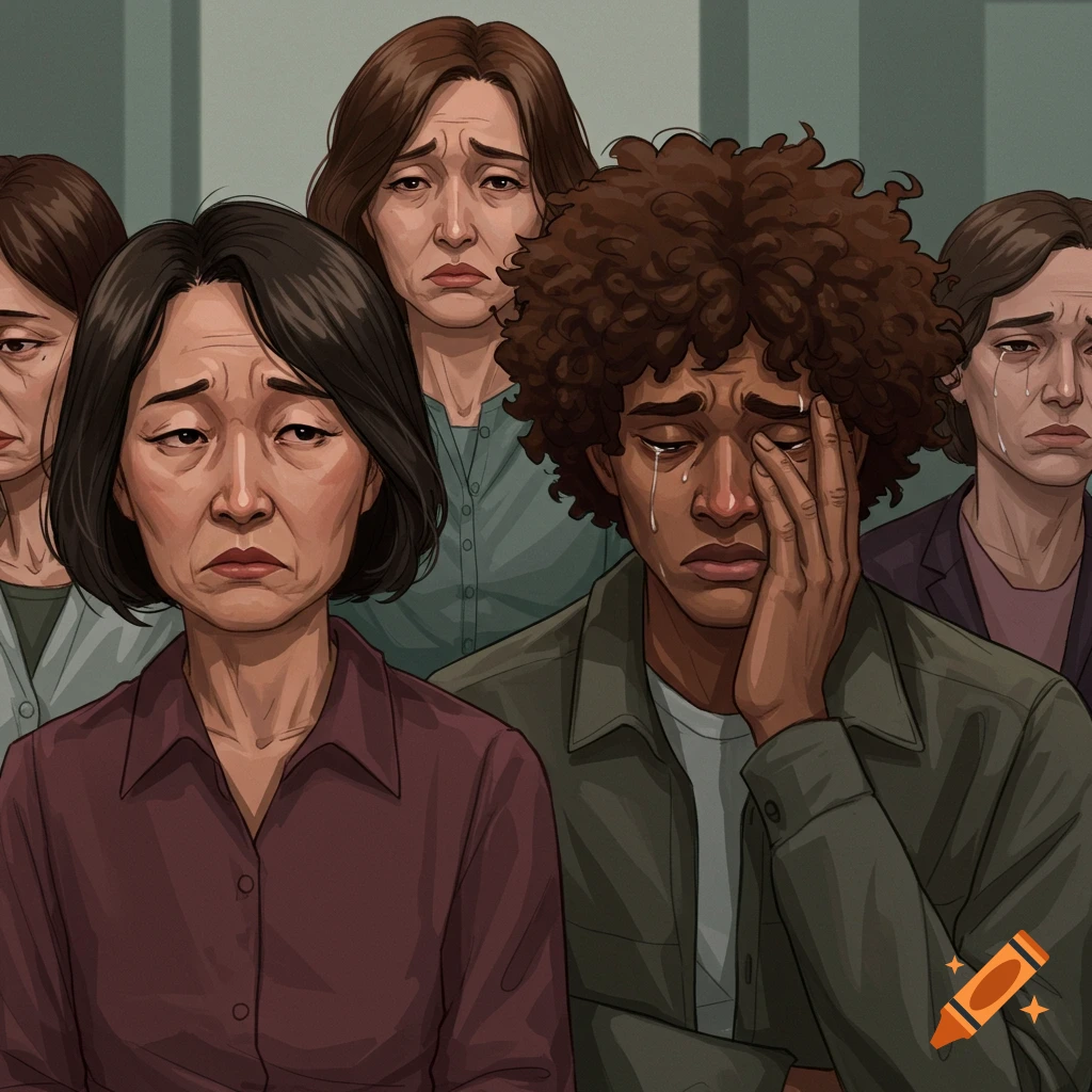 Illustration of a group of diverse people looking sad and crying. on ...