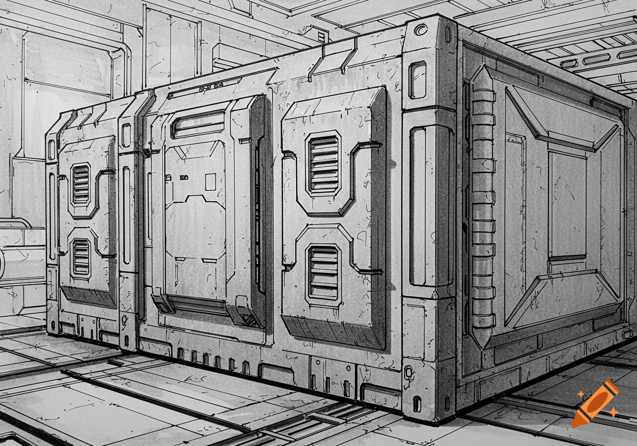 Black and white sketch of a large sci-fi cargo container in an ...