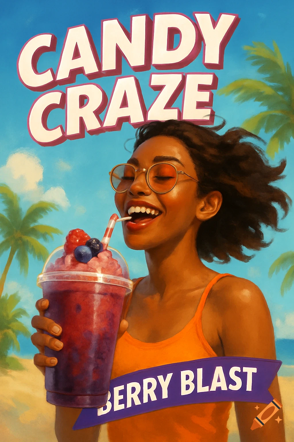 Woman smiling and drinking a Berry Blast smoothie on a beach under text ...