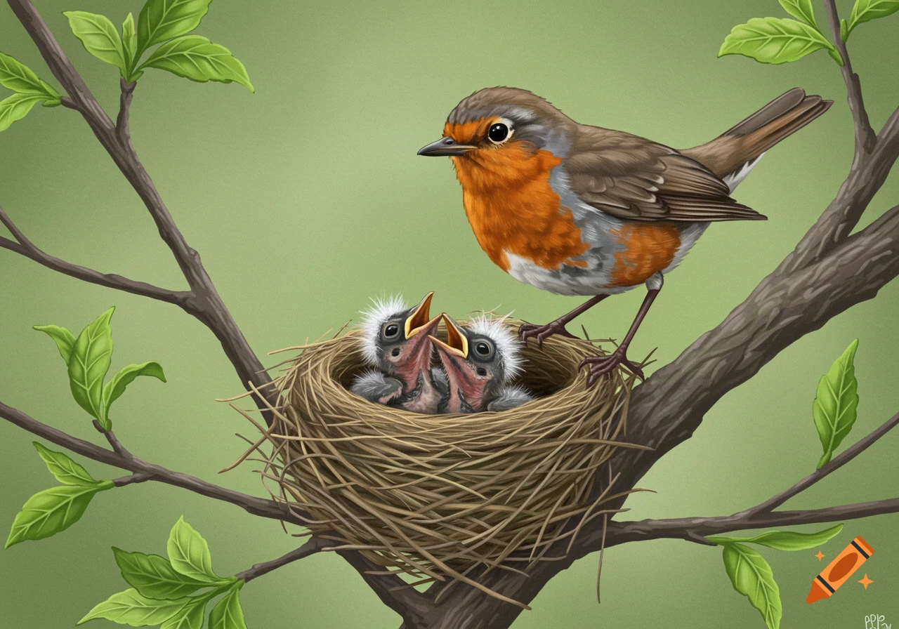 Illustration of a robin perched above its nest containing two hungry ...