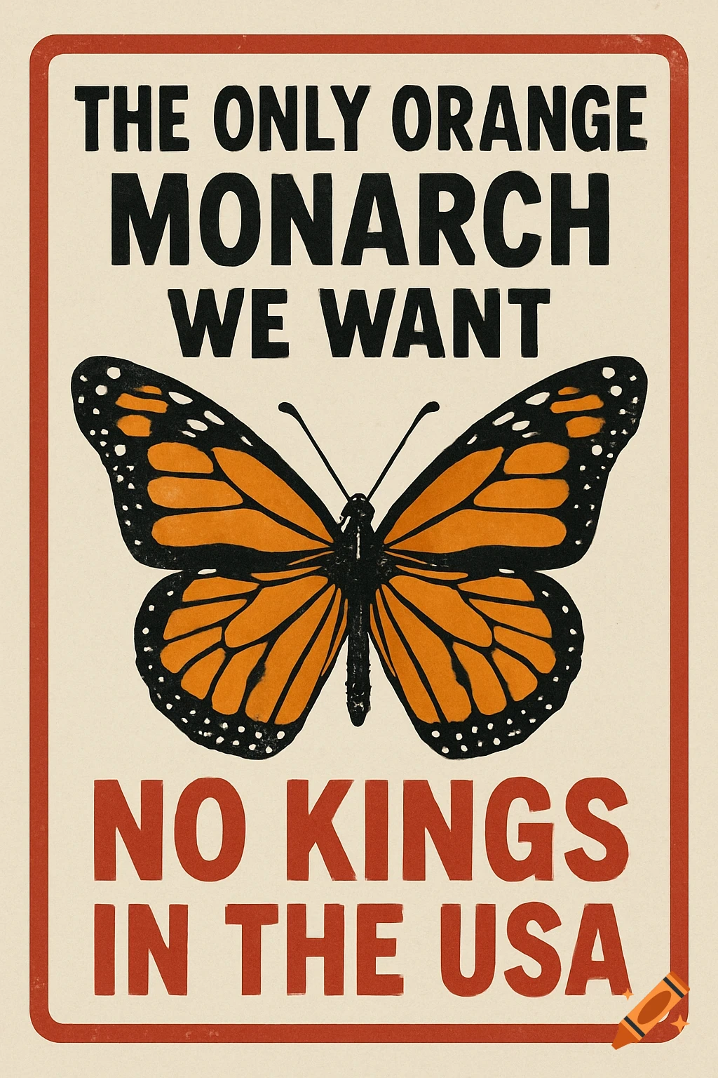 Protest sign with a monarch butterfly and the text 'THE ONLY ORANGE ...