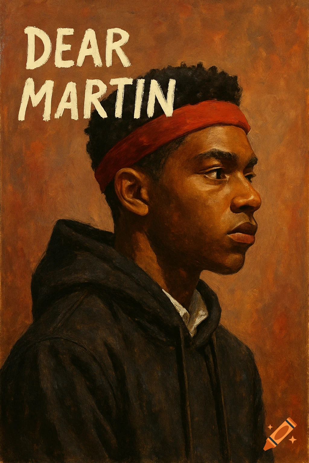 Painted portrait of a young man in a red headband and hoodie with text ...