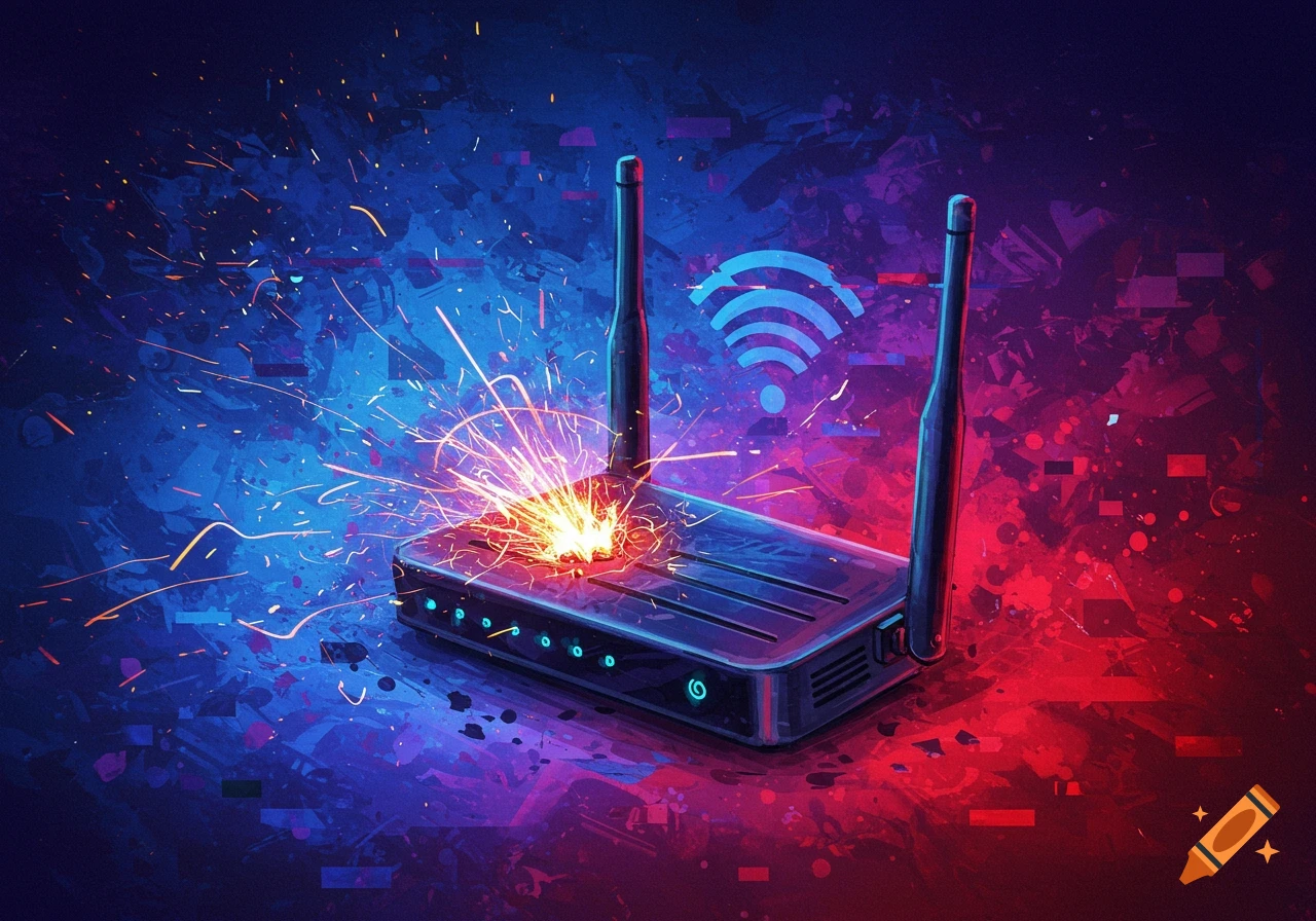 Wifi router sparking on a blue and red abstract background. on Craiyon