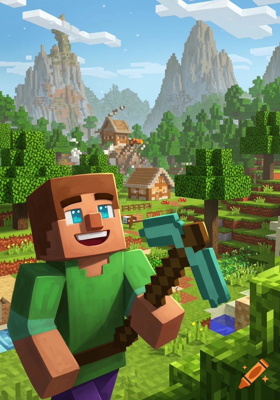 Steve holds a pickaxe in a colorful Minecraft world with mountains and ...