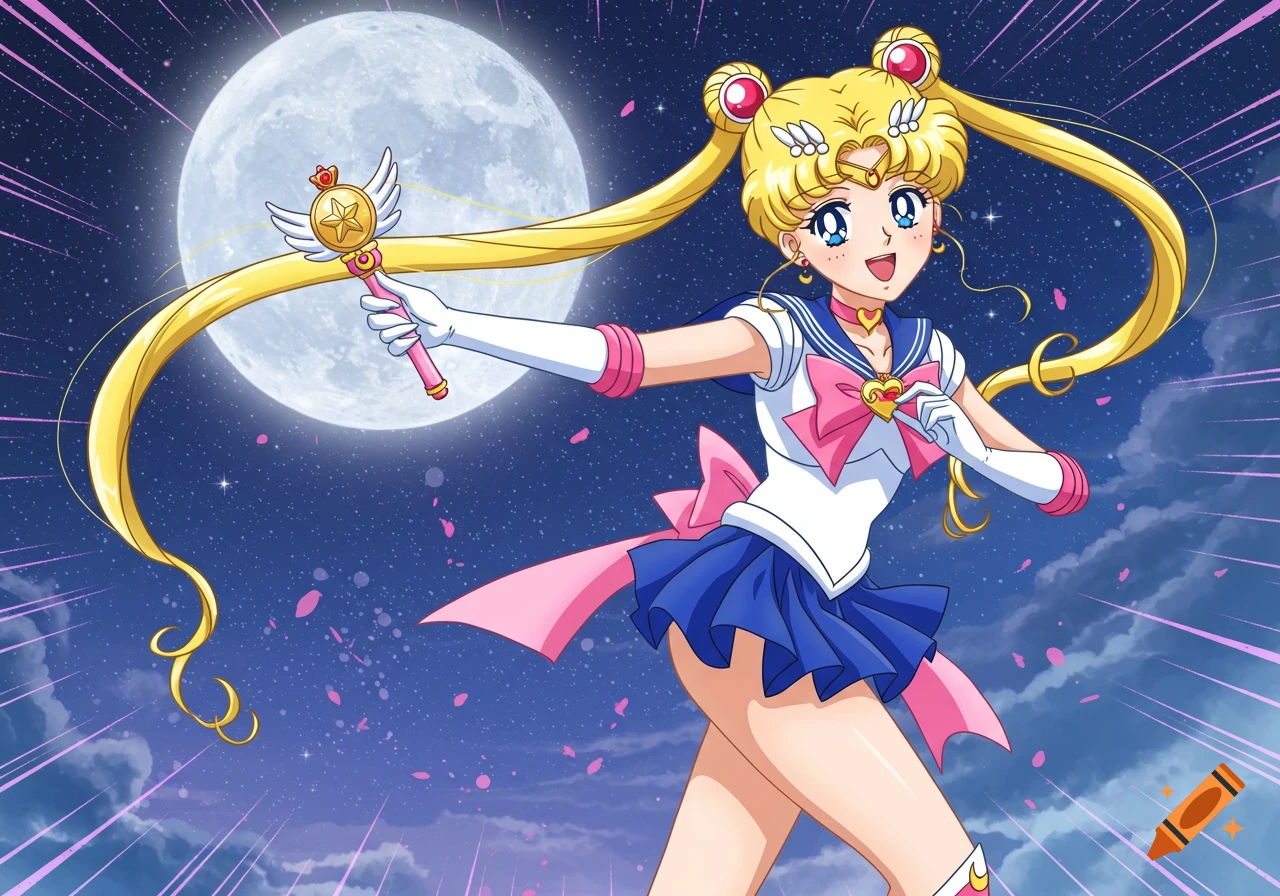 Sailor Moon poses with her scepter in front of a large moon and starry ...