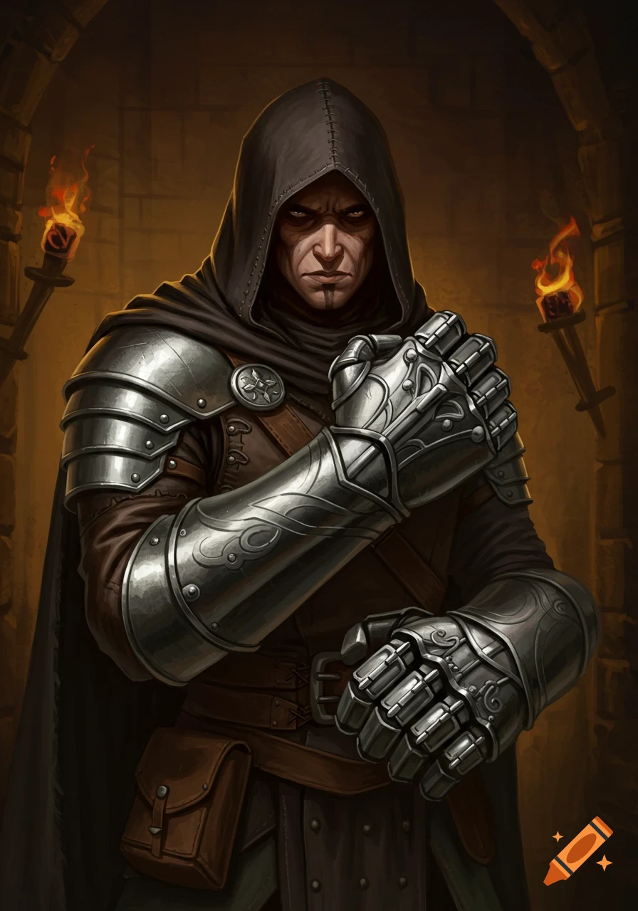 A hooded fantasy rogue in silver gauntlets and leather armor stands in ...