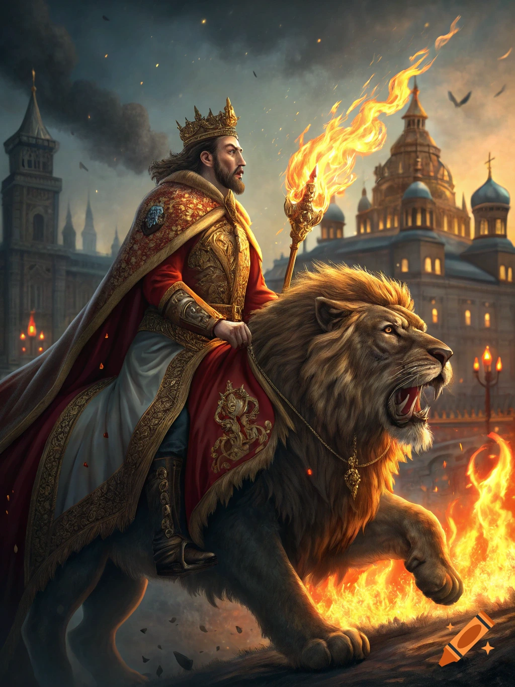 A man in czar's robes rides a fire-breathing lion past fantasy ...