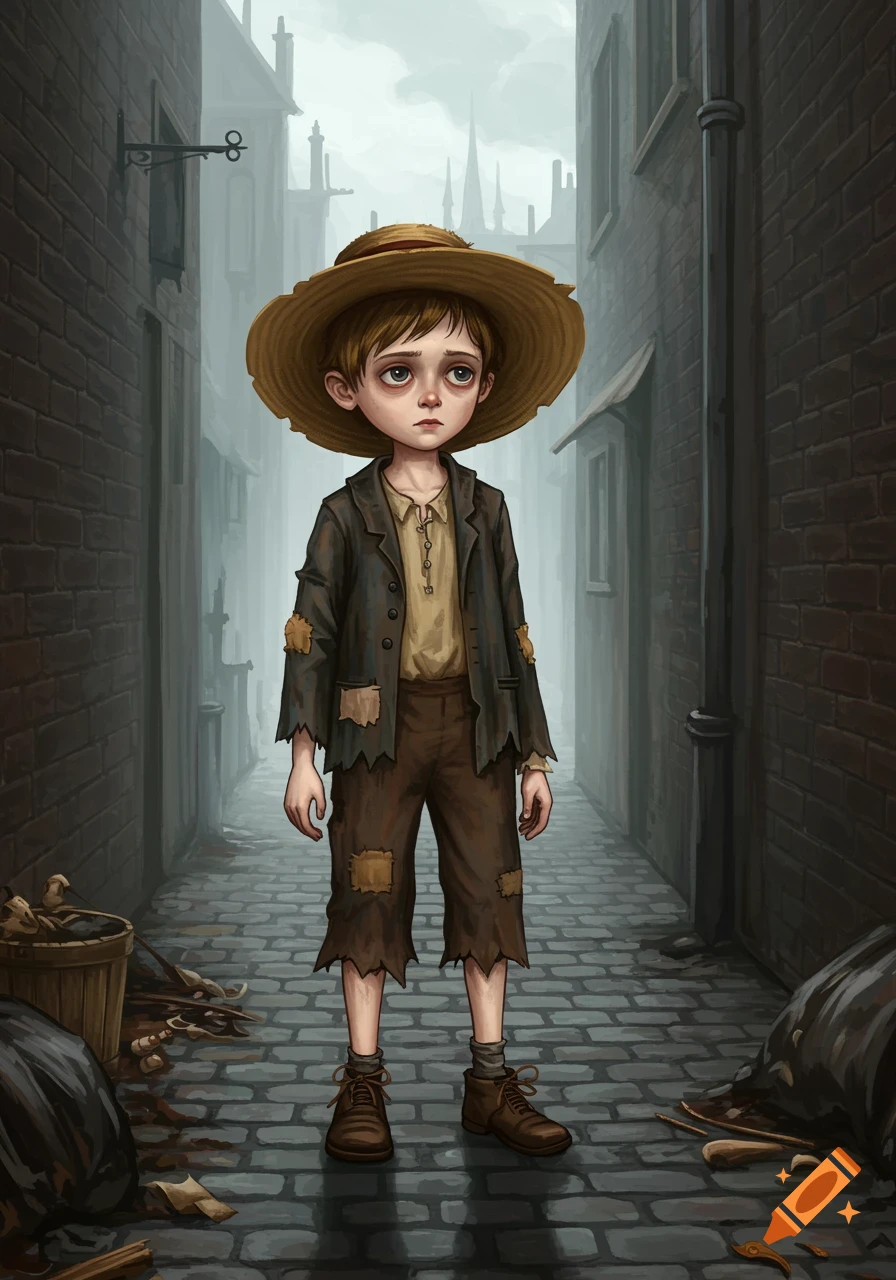 Illustration of a young boy in ragged Victorian clothes standing in a ...