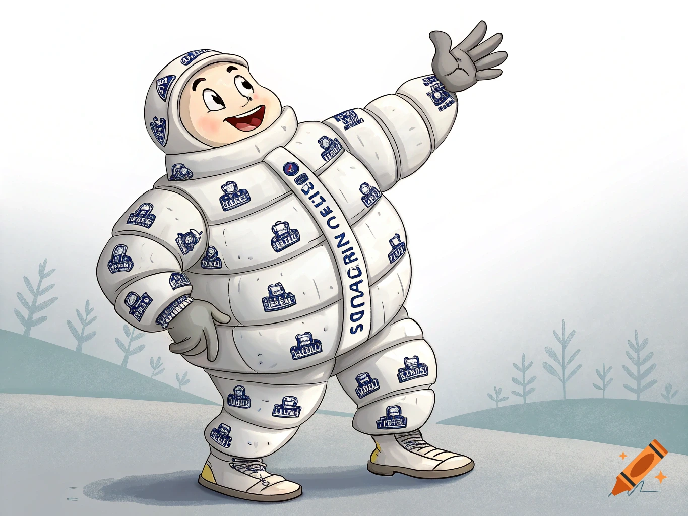 Cartoon character resembling the Michelin Man in a white snowsuit ...
