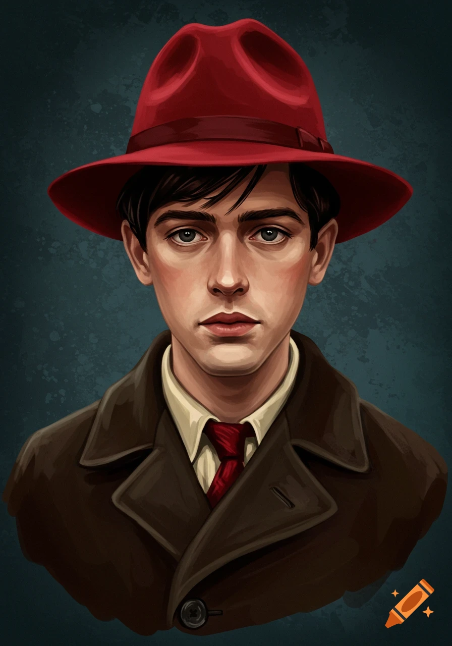 A painterly portrait of a young man in a red fedora, brown coat, and ...