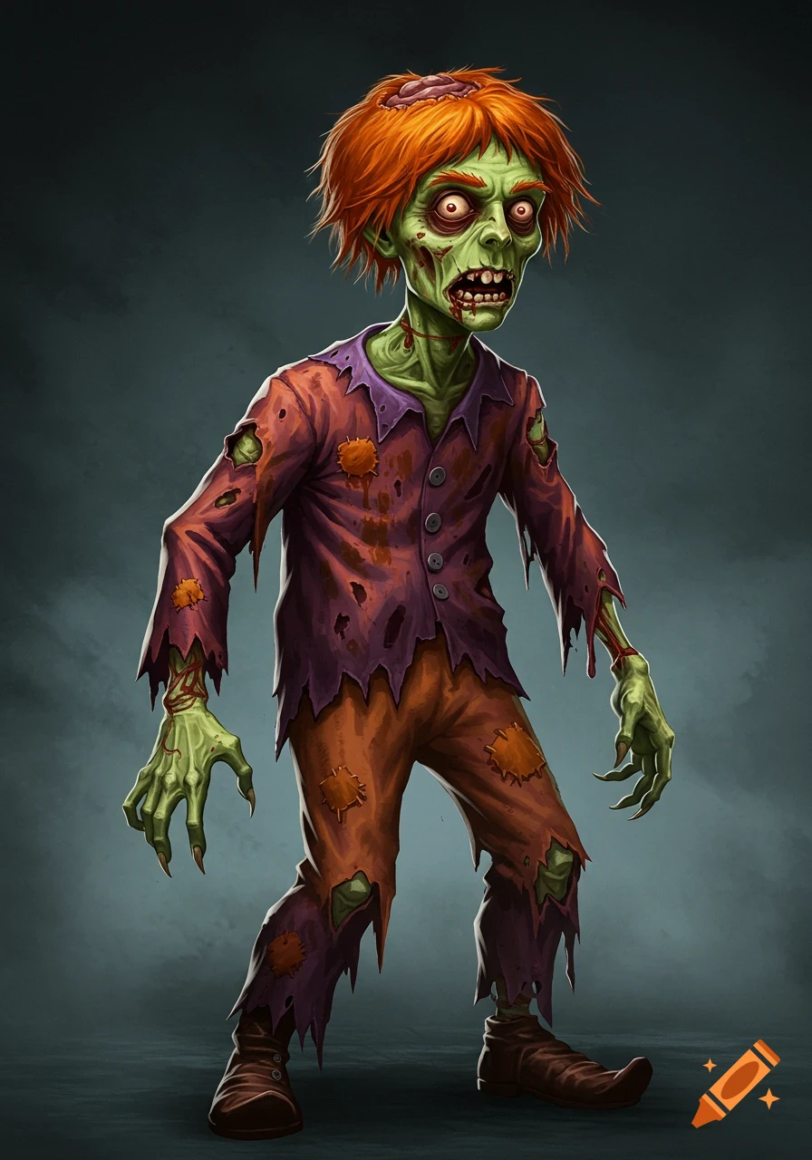 Illustration of a green-skinned zombie with orange hair and ripped ...